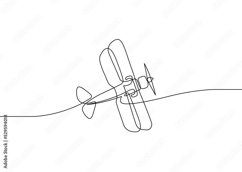 Continuous line drawing of jet plane . Flight biplane Tandem wing. The ...