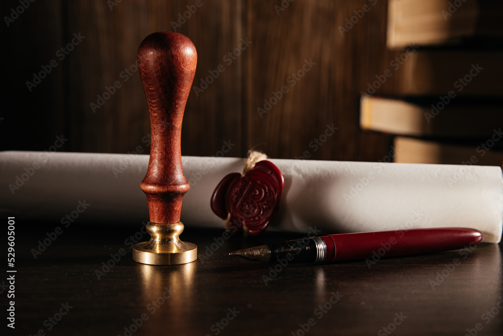 Notary's public pen and stamp on testament and last will. Notary public ...