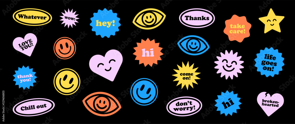 Cool trendy retro stickers with smile faces and messages. 21 Vector ...