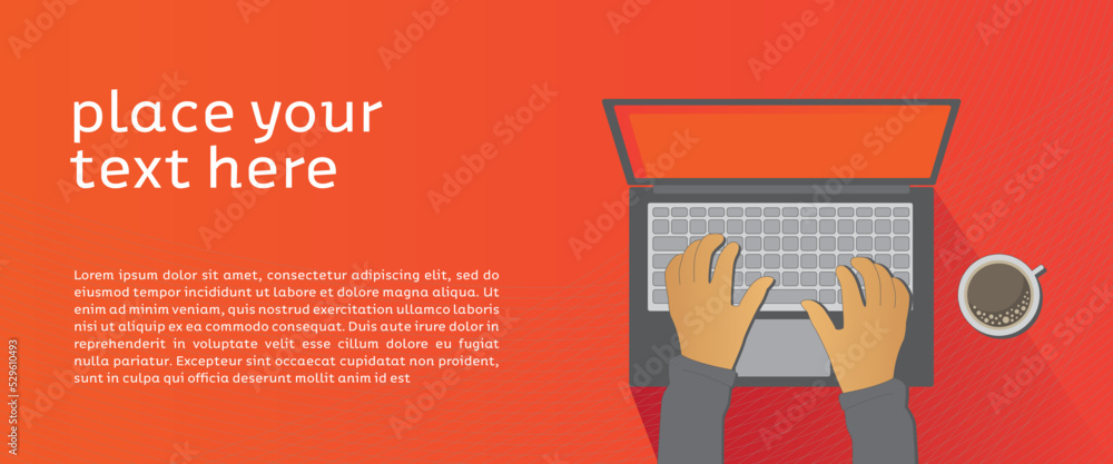 hands on computer, laptop on the table with red background for web ...