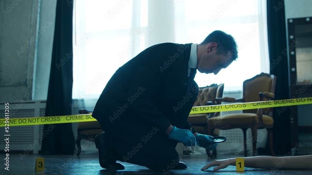 Detective Collecting Evidence in a Crime Scene. Forensic Specialists ...