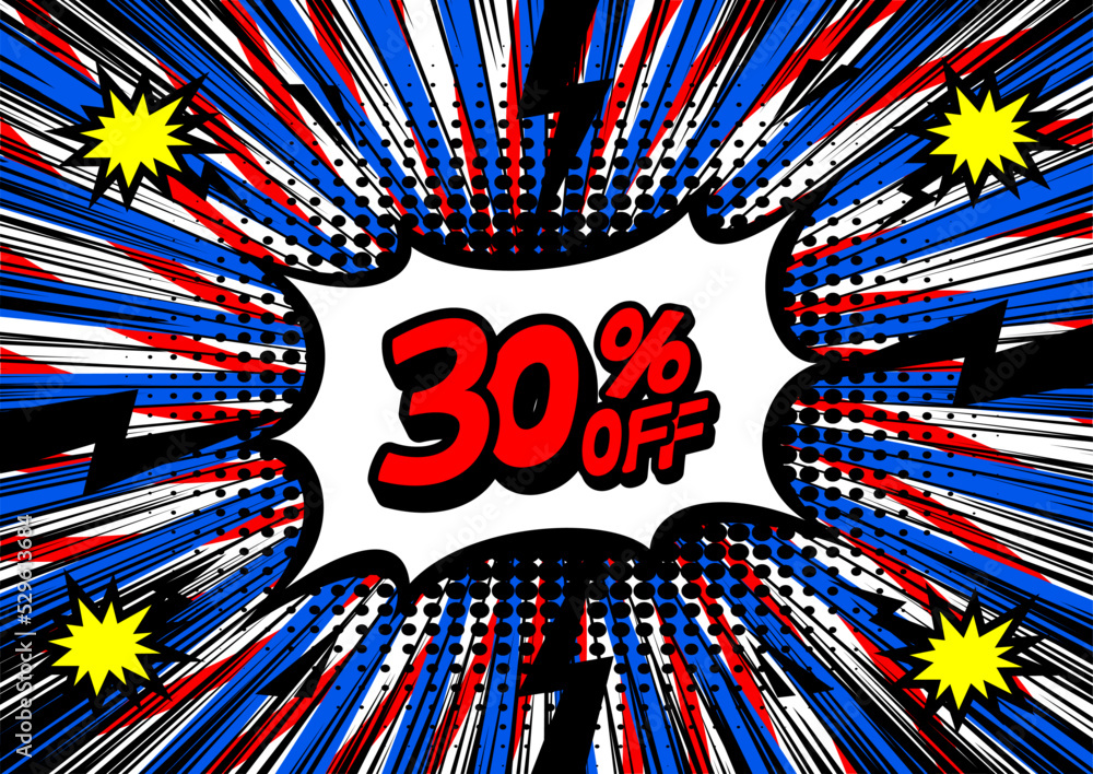 30 Percent OFF Discount on a Comics style bang shape background. Pop ...