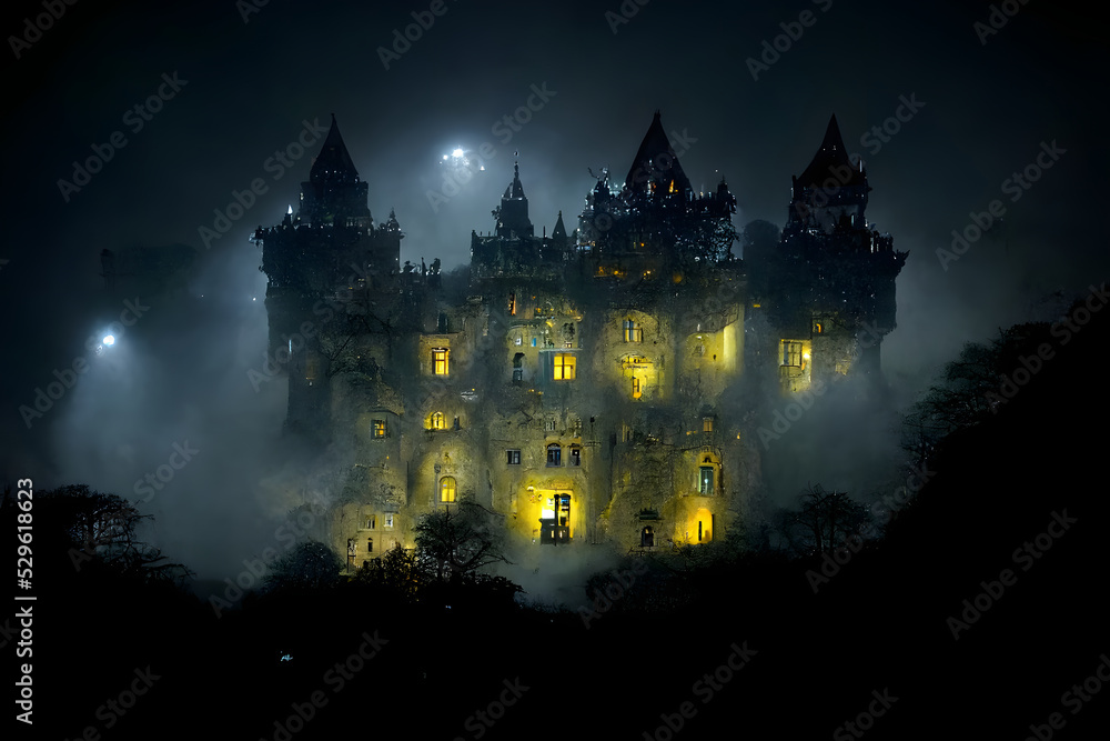 large haunted castle with many illuminated windows at spooky misty dark ...