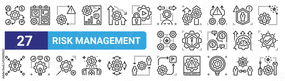 set of 27 outline web risk management icons such as impact, calendar ...