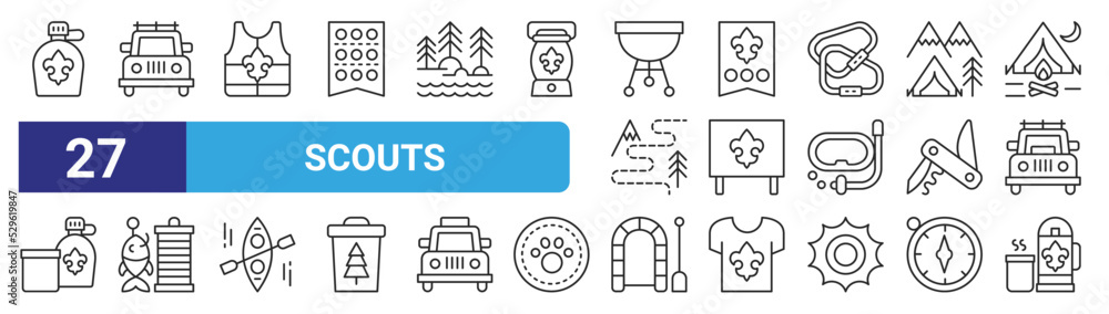set of 27 outline web scouts icons such as canteen, car, life vest ...