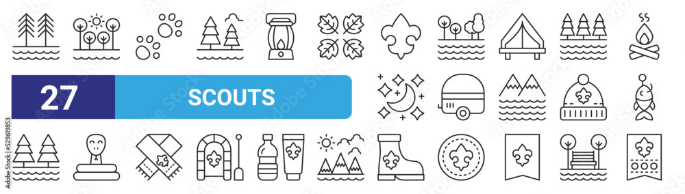 set of 27 outline web scouts icons such as trees, trees, footprint ...