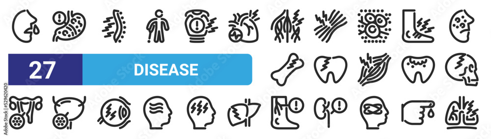 set of 27 outline web disease icons such as rhinitis, stoh, radiculitis ...