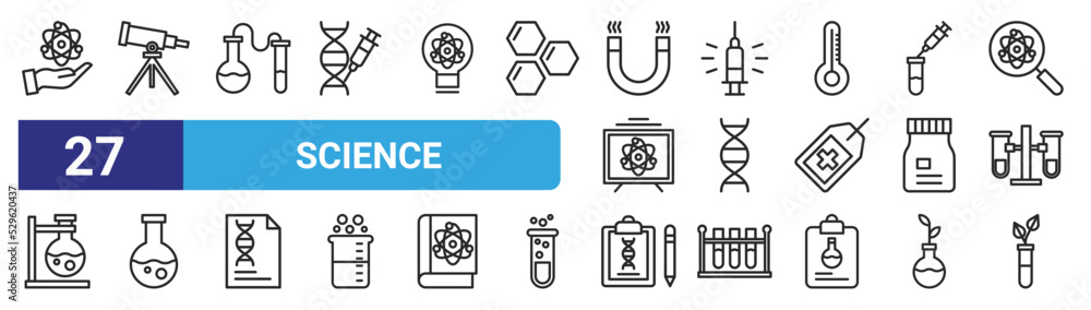 set of 27 outline web science icons such as atom, telescope, experiment ...
