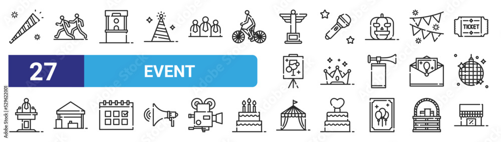 set of 27 outline web event icons such as fun, marathon, ticket office ...