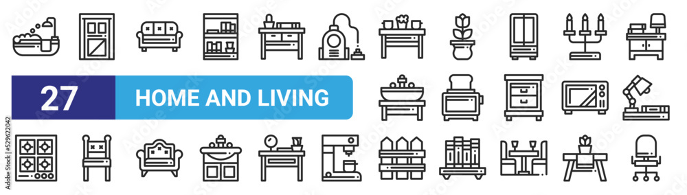 set of 27 outline web home and living icons such as bathtub, door, sofa ...