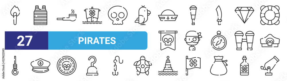 set of 27 outline web pirates icons such as torch, sailor, pipe ...