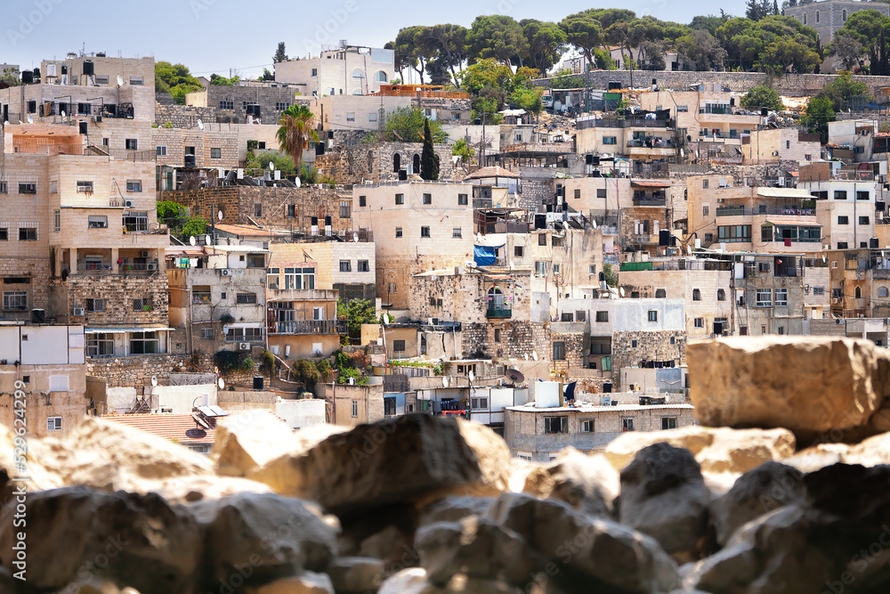 Houses of an old arabian village in Jerusalem, Israel with blurred ...