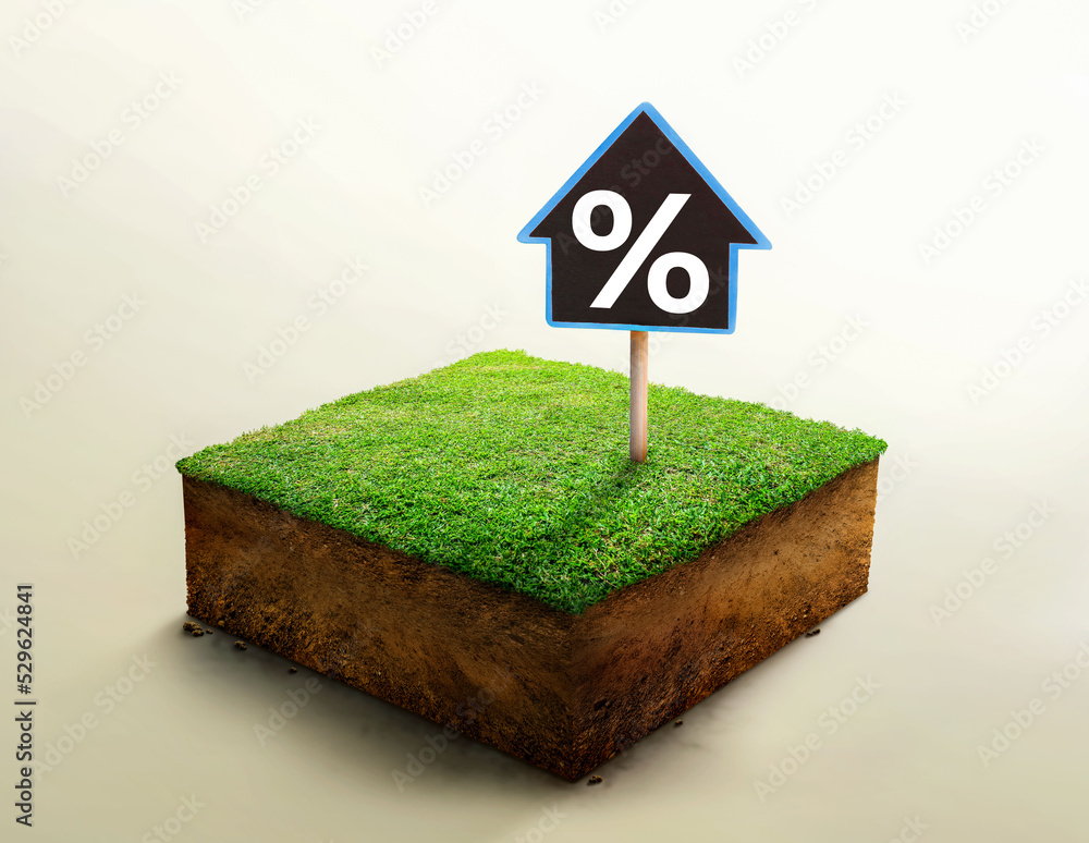 House symbol sign with interest rate sign on grass and geology cross ...