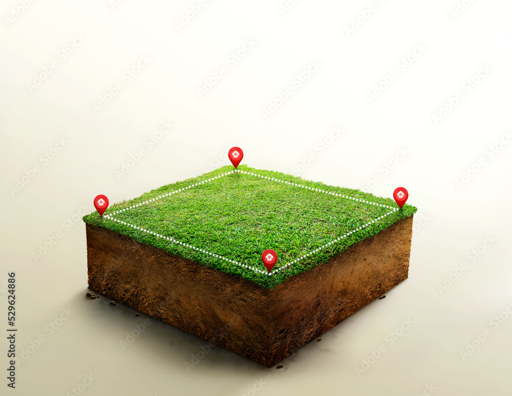 House symbol with location pin icon on cubicle soil and geology cross ...