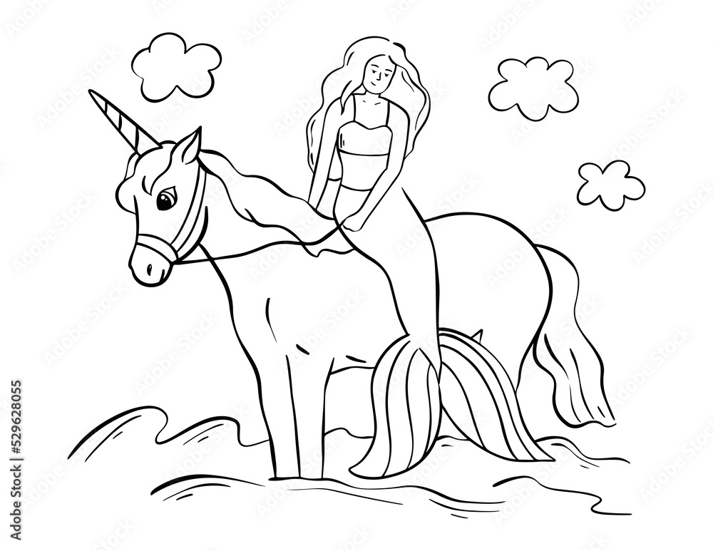 Coloring page with mermaid and unicorn. Cartoon illustration for kids ...