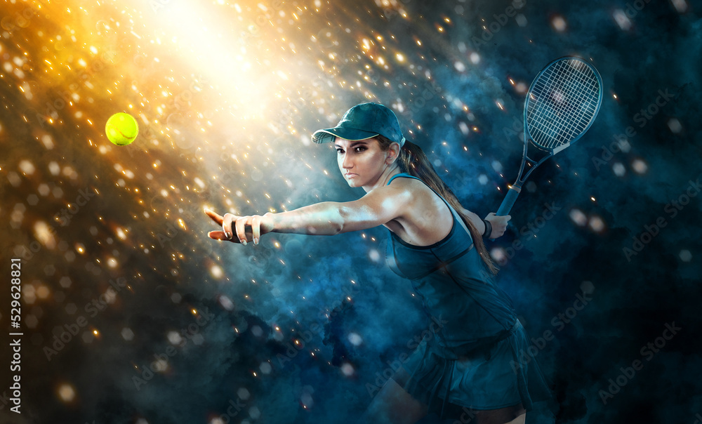 Tennis player with racket and ball. Woman athlete playing on grand ...