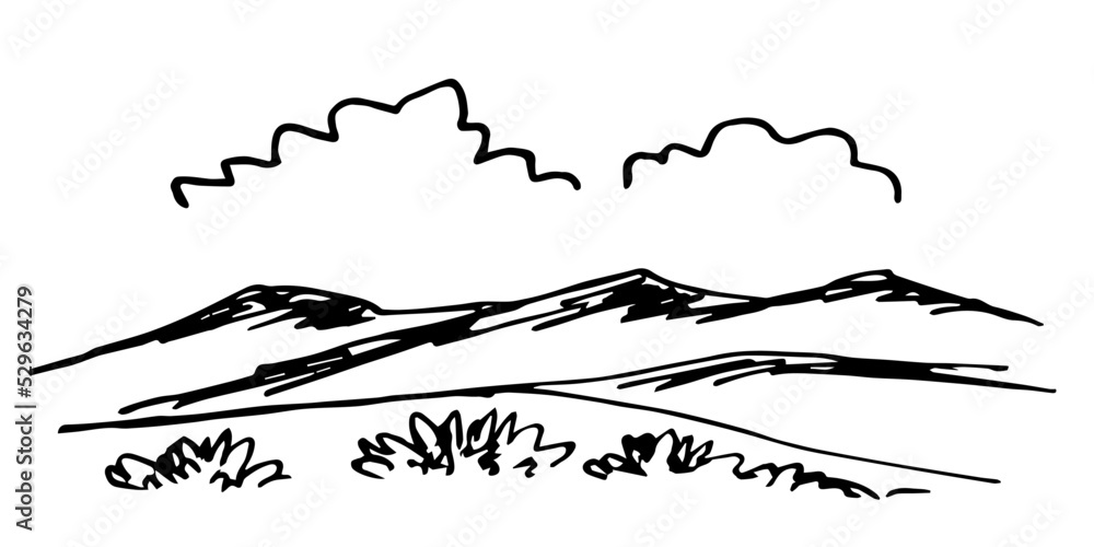 Simple hand drawn vector illustration with black outline. Mountains on ...