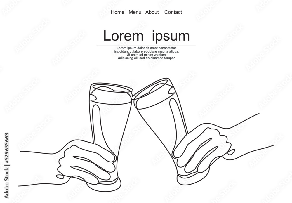 Continuous one line drawing of hands of two people clinking beer ...