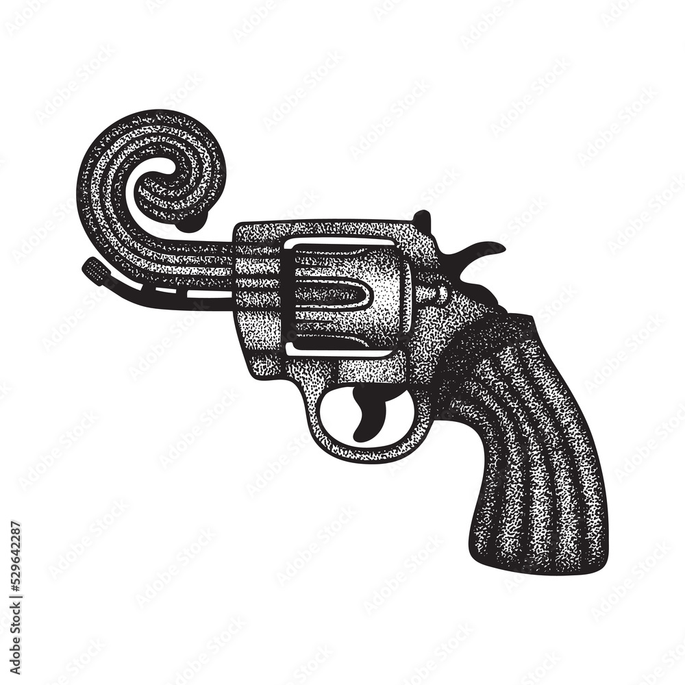 Revolver with a knotted barrel. Revolver barrel tied in knot. Gun ...