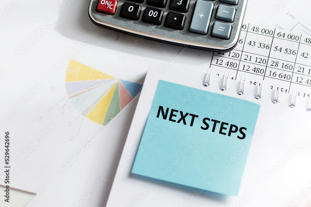 NEXT STEPS text on white card on chart background Stock Photo | Adobe Stock