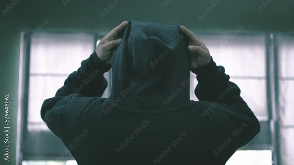 Vidéo Stock Back view of dangerous anonymous male wearing hood with ...