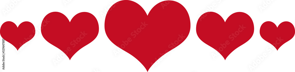 Five filled red heart shapes in a row. Isolated png illustration ...