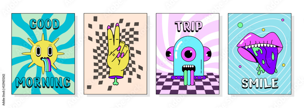 Groovy cards. Comic flower characters. Psychedelic mushrooms. Retro 70s ...