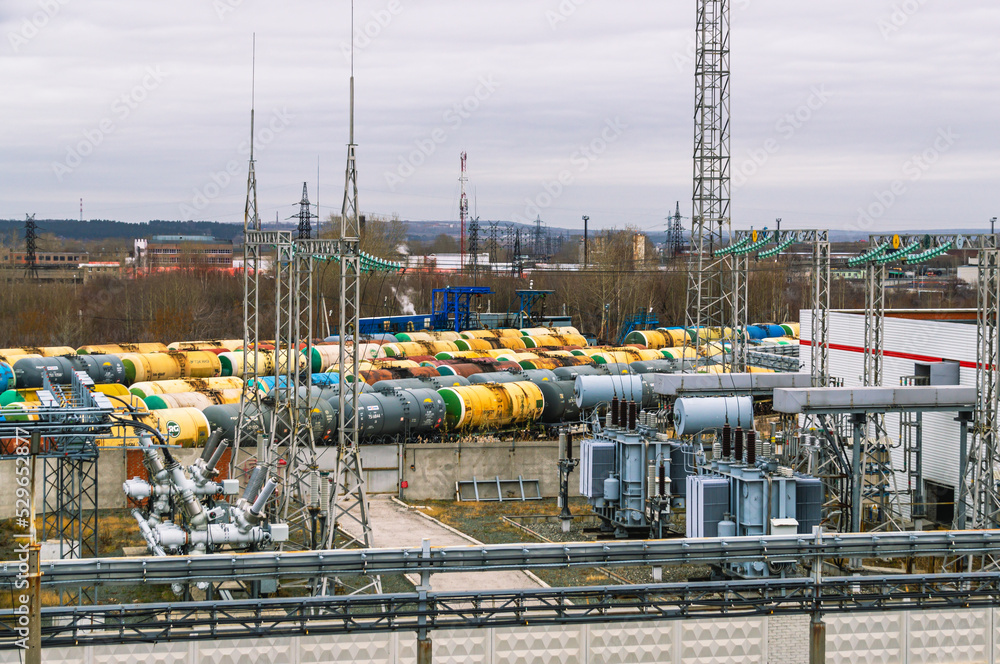 Electrical substation. Railway tanks..An electrical installation ...