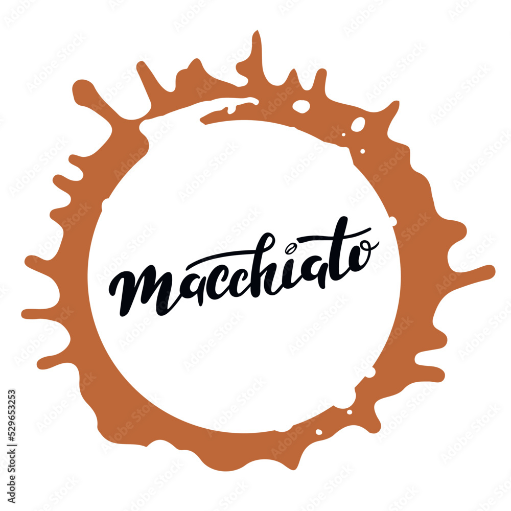 Macchiato logo. black letters inside soft brown coffee spot. Coffee ...