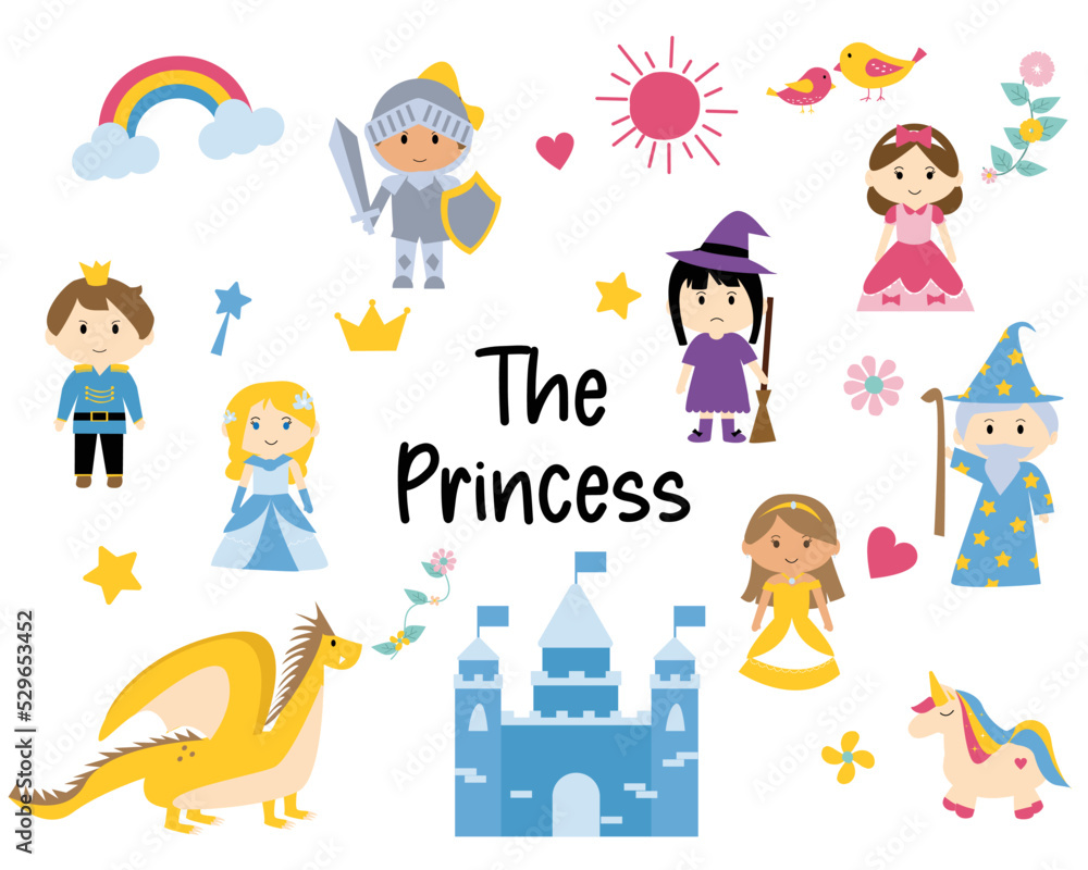 cute princess cartoon set with fairy tale clipart element for ...