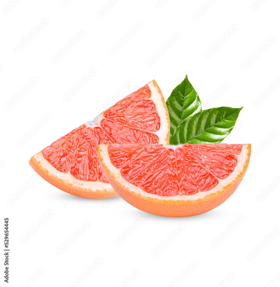 Ripe half of pink grapefruit citrus fruit with leaves isolated on transparent background (.PNG ...