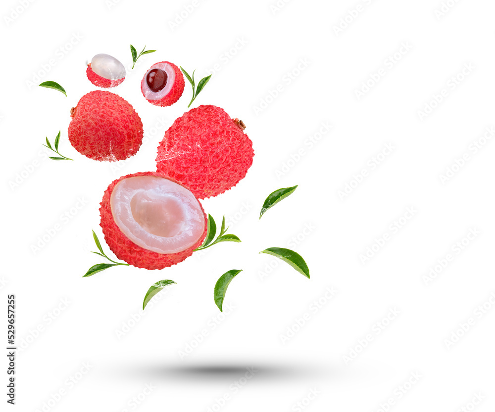 Water splash on fresh lychee with leaves isolated on transparent ...