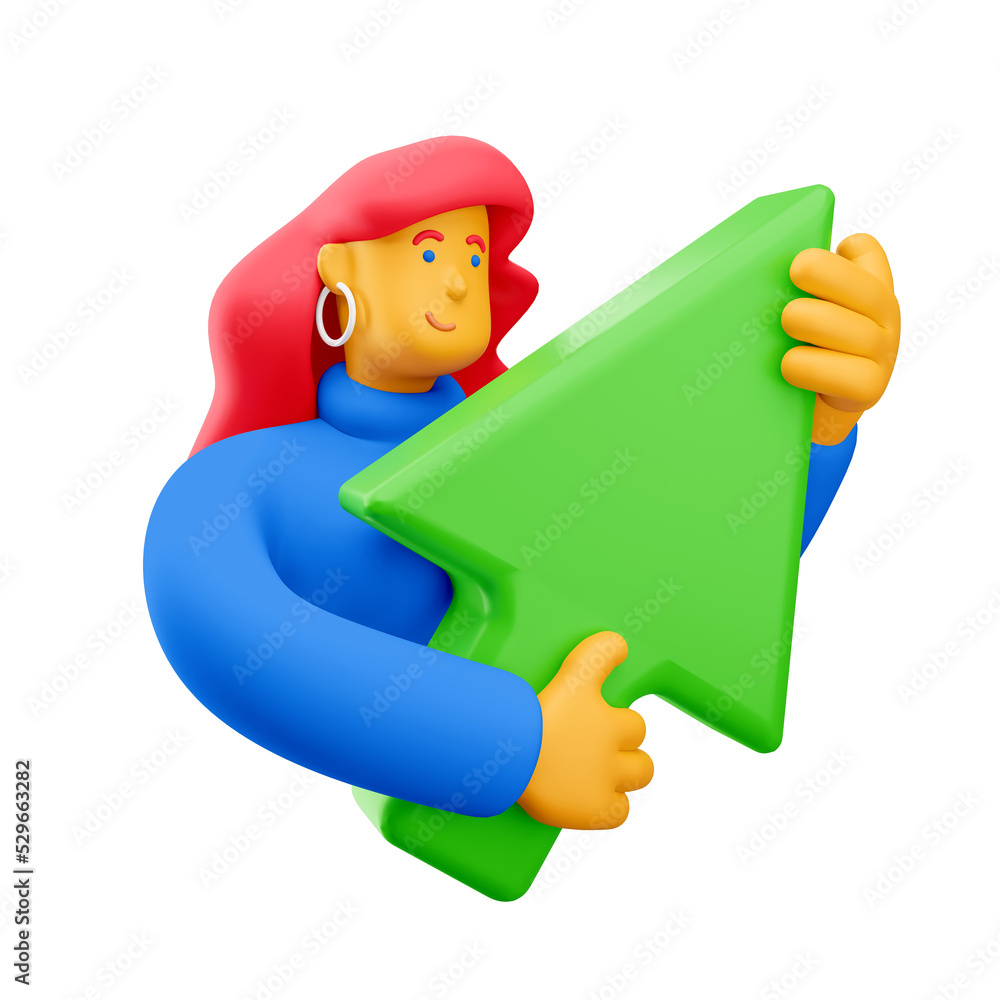 3d illustration. Cartoon girl 3d character big arrow. Leadership and ...