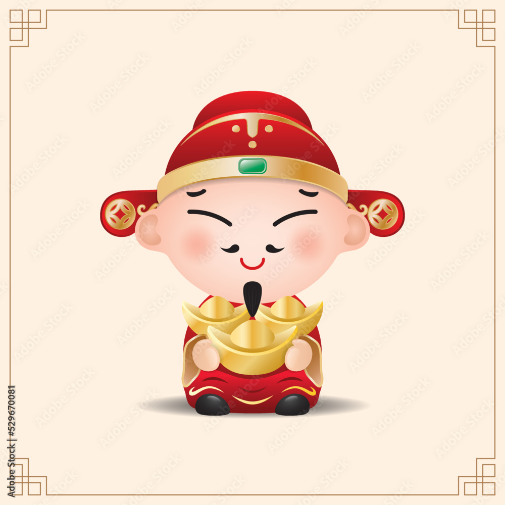 Cai Shen, Fu Xing, the cartoon image of Chinese God of Wealth, holding gold ingots, more wealth ...