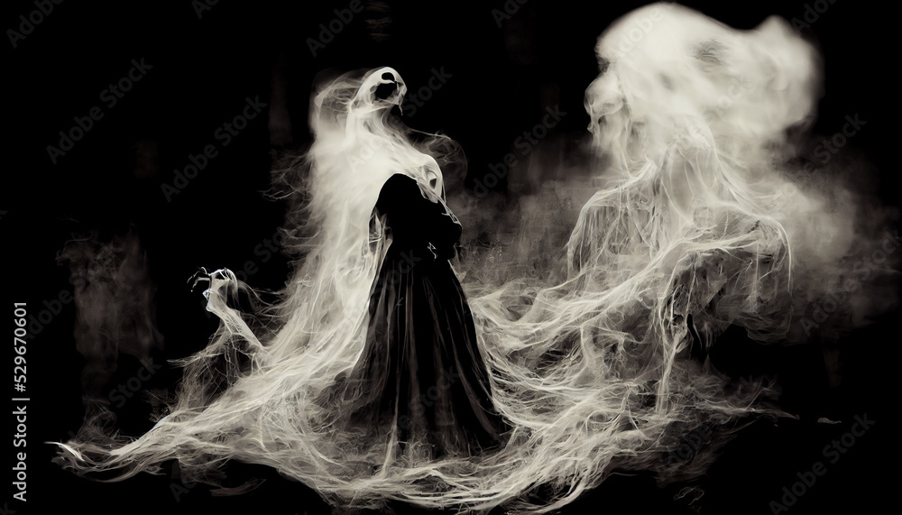 Abstract scary ghost of a woman made from smoke. Halloween background ...