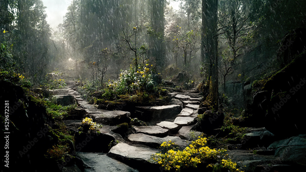 Stone path through wet European forest during rain Stock Illustration ...