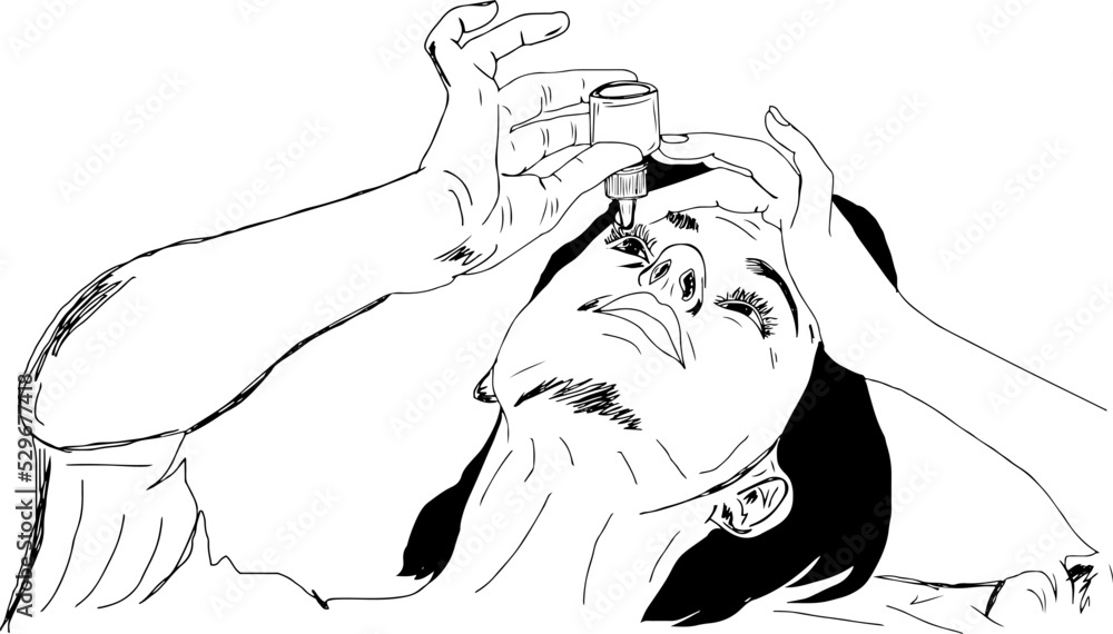 Woman using eye drops in eyes line art vector, sketch drawing of how to ...