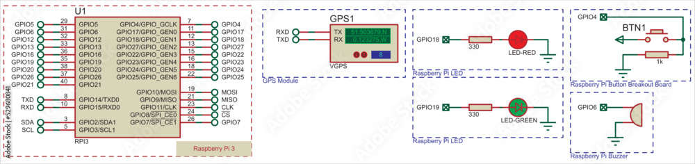 Stockvector Raspberry pi GPS. Vector diagram of the connection of the ...