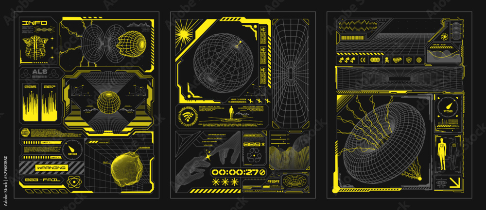 Retro futuristic posters with 3D wireframes of spheres and torus ...