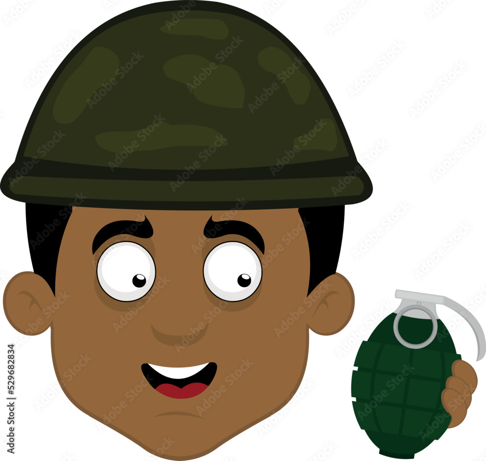 Vector illustration of the face of a cartoon soldier with a war grenade ...
