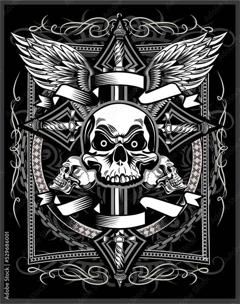 Vintage label. Skull and Ornate Christian Cross with dagger knife Stock ...