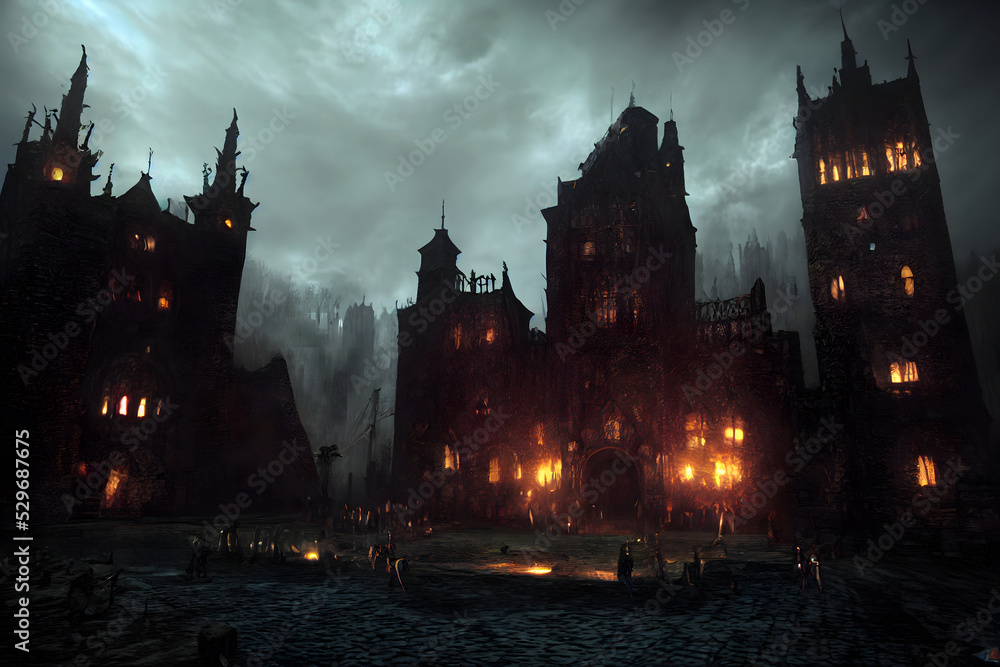grim and dark medieval gothic castle inner yard, neural network ...