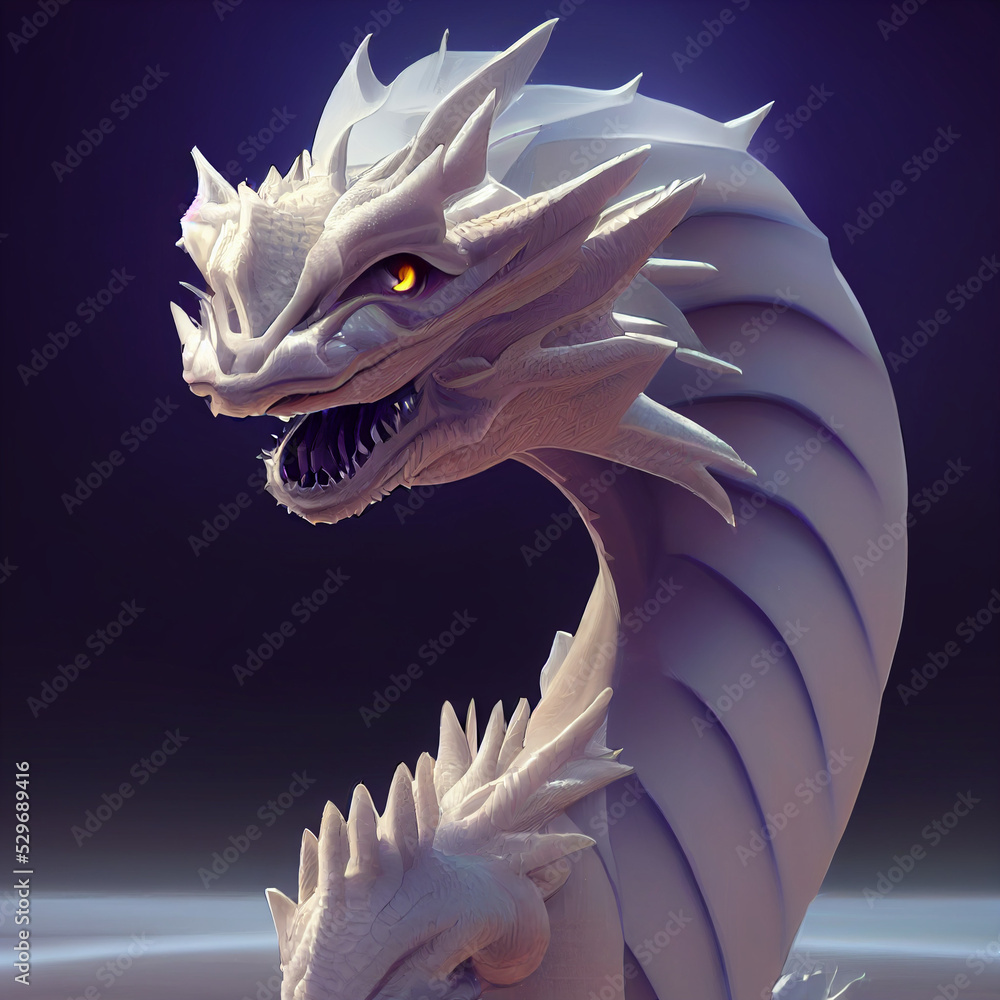 White dragon's head with gold, and glowing eyes, ai generated ...