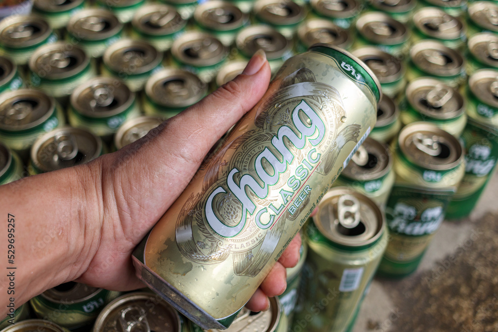 Chiang Mai Thailand 13 August 2022 The cans of Chang beer in the hands ...