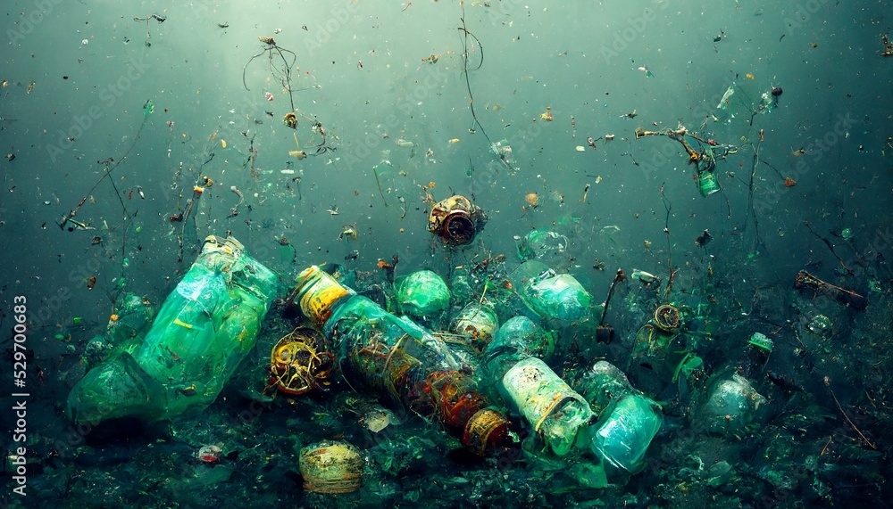 plastic seas, bottles, junk, waste, sinking trash in the ocean, litter ...
