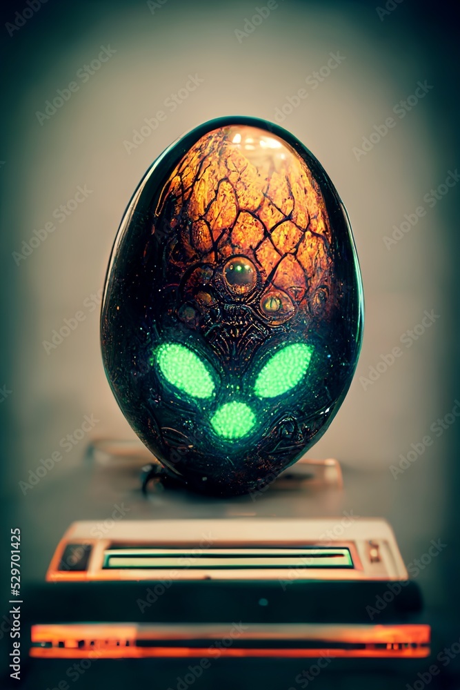 Alien Egg on a pedestal, sci-fi display, lifeform sample of unknown origin, scary glowing ...