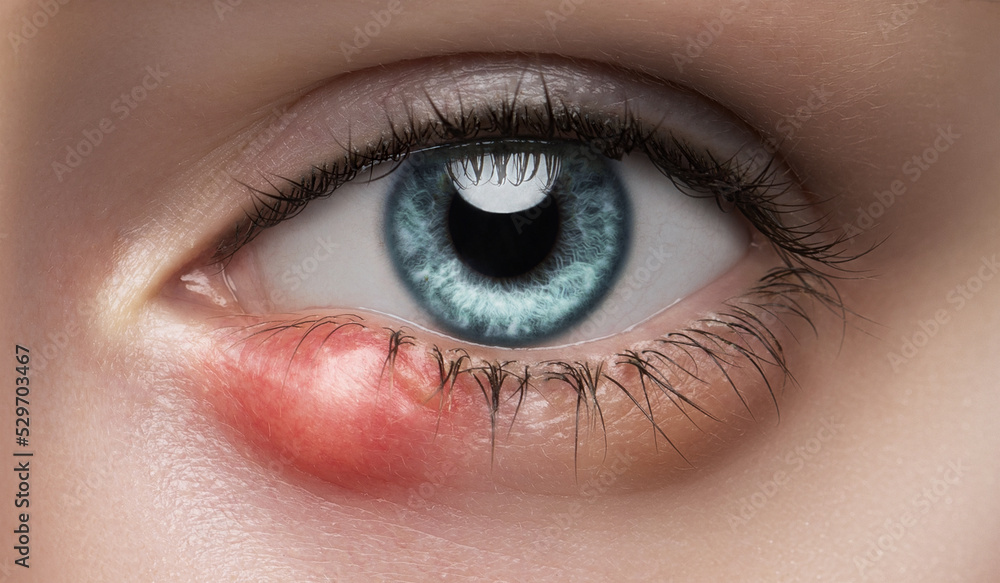 Eye of a girl with stye close-up. Acute purulent inflammation of the ...