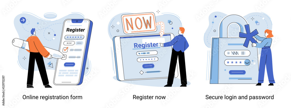 Registration or sign up user interface metaphor. People using secure login and password, account ...