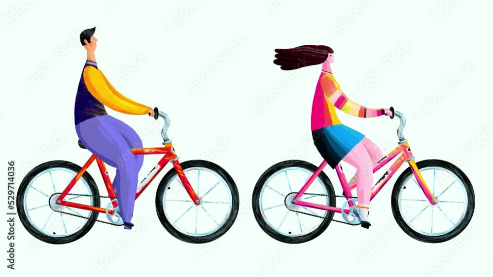 Two cartoon animated characters man and woman riding bikes. Isolated ...