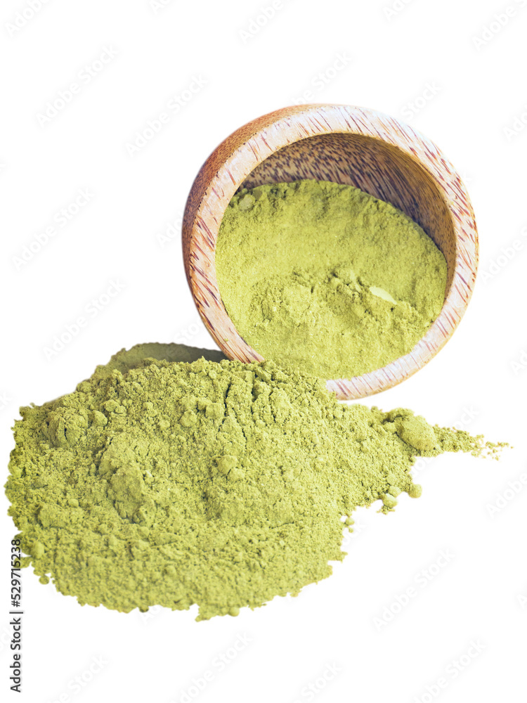 Henna powder in the coconut bowl and in the pile isolated transparent ...